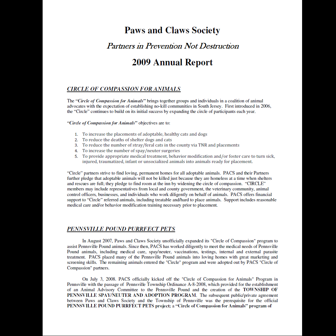 See PACS 2009 Annual Program Report - Paws and Claws Society, Inc.