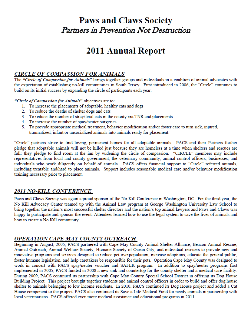 See PACS 2011 Annual Program Report - Paws and Claws Society, Inc.