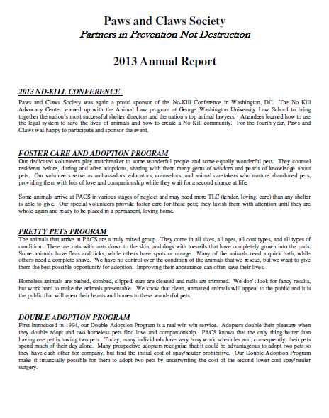 See PACS 2013 Annual Program Report - Paws and Claws Society, Inc.
